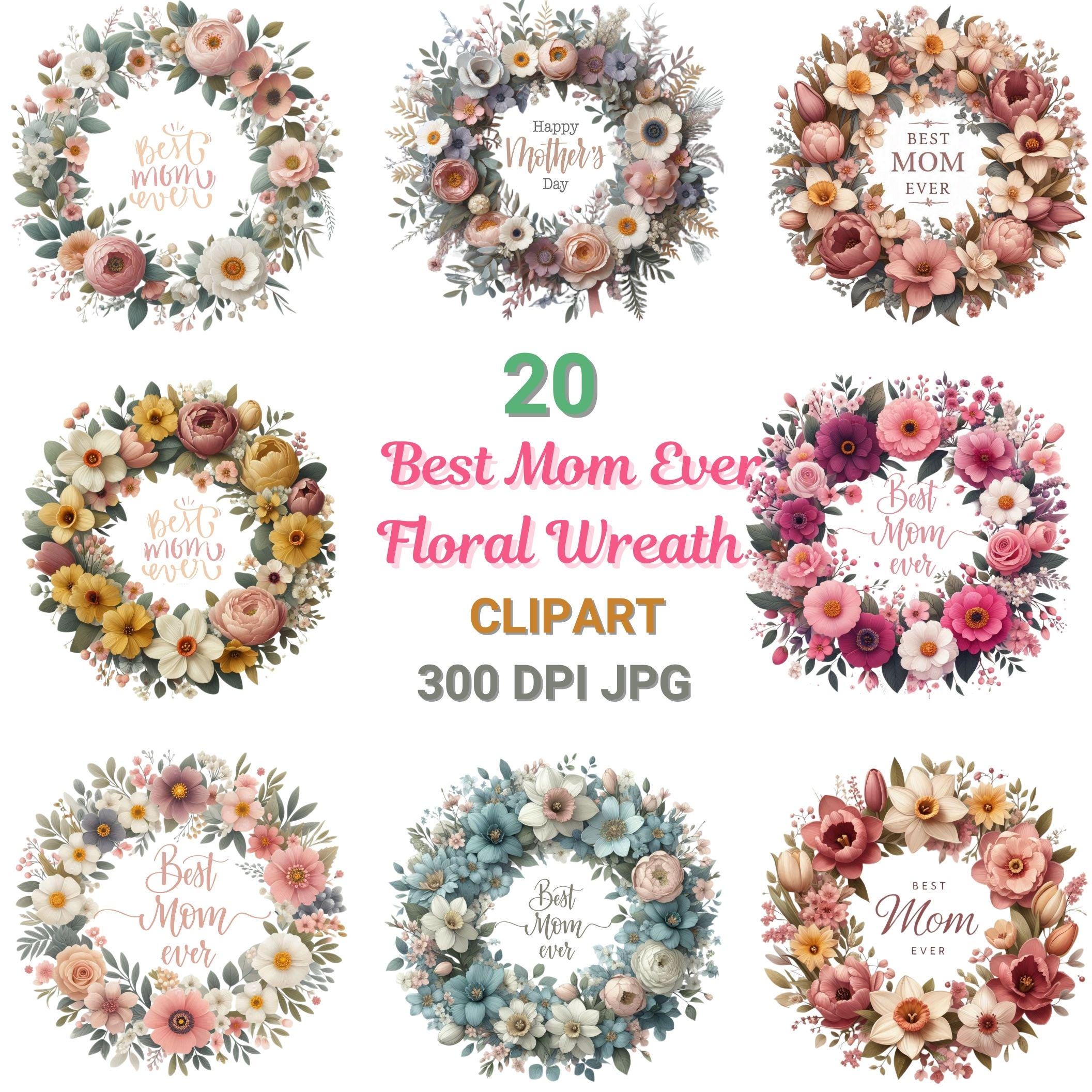 Floral Wreath Clipart for Cards :mothers Day Pastel Spring Art - Etsy