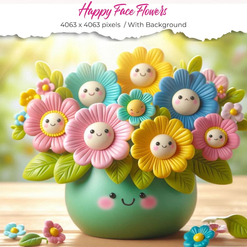 Happy Face Flower Clipart PNG JPG | Kawaii Cute Floral Graphics ...