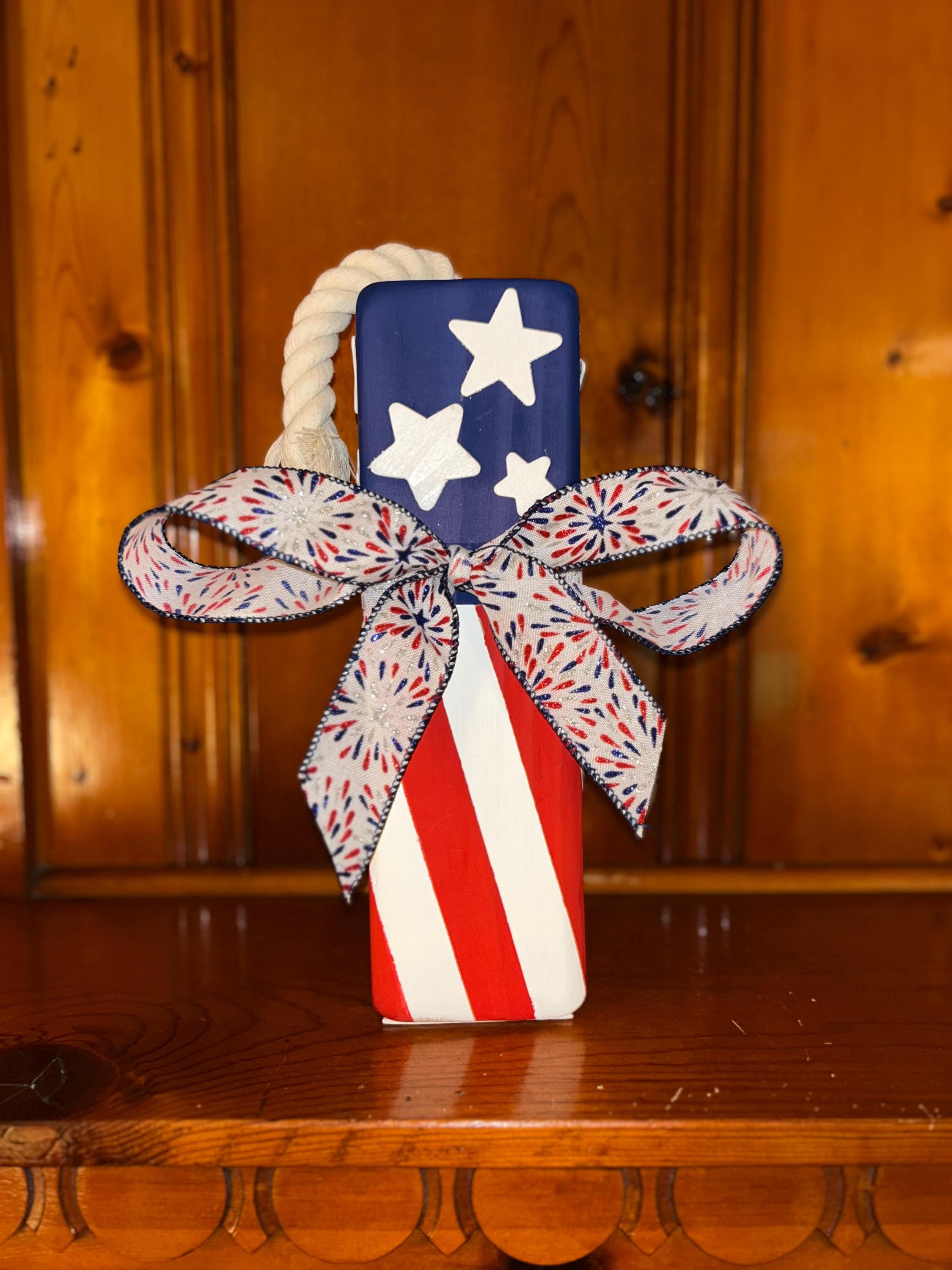 Wood 4x4 Fourth of July Firecracker Decoration for Mantle, Patriotic ...