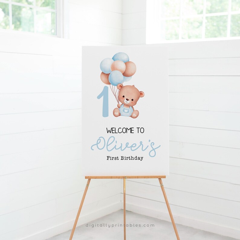Editable Beary First Birthday Welcome Sign | Cute Bear Theme ...