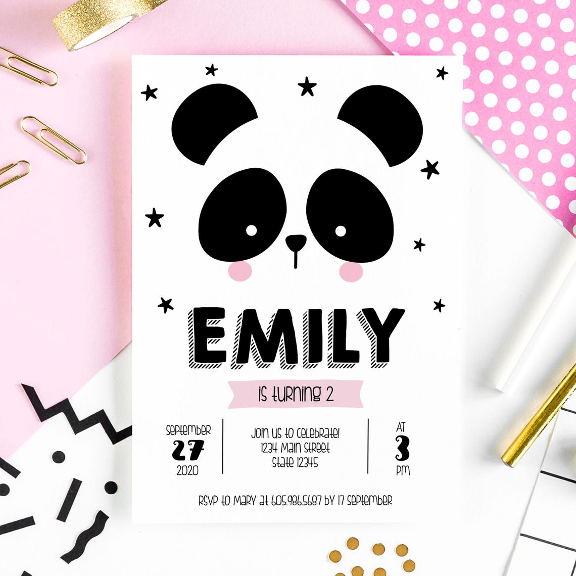 Editable Panda Birthday Invitation Template | Girl Birthday Party ...