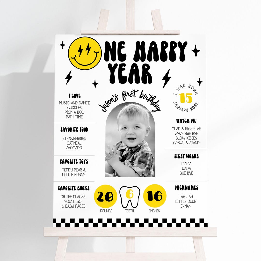 Editable One Happy Dude Milestones Board Yellow & Black With Photo, Boy ...