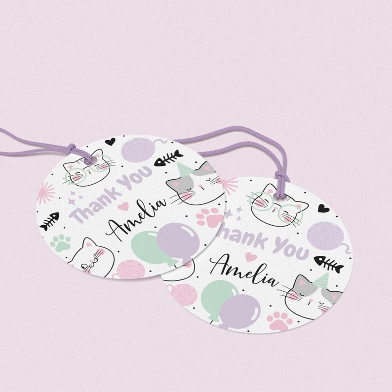 Editable Cat Birthday Thank You Tags, Lets Pawty Favors, Kitty Cat ...