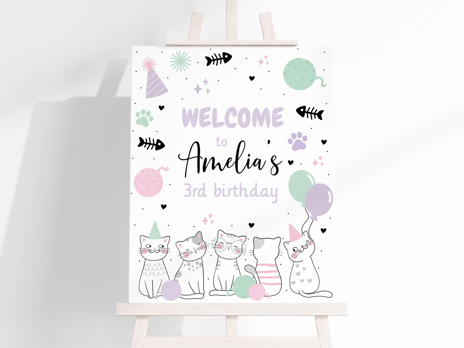 Editable Cat Birthday Welcome Sign, Lets Pawty, Kitty Cat Party Decor ...
