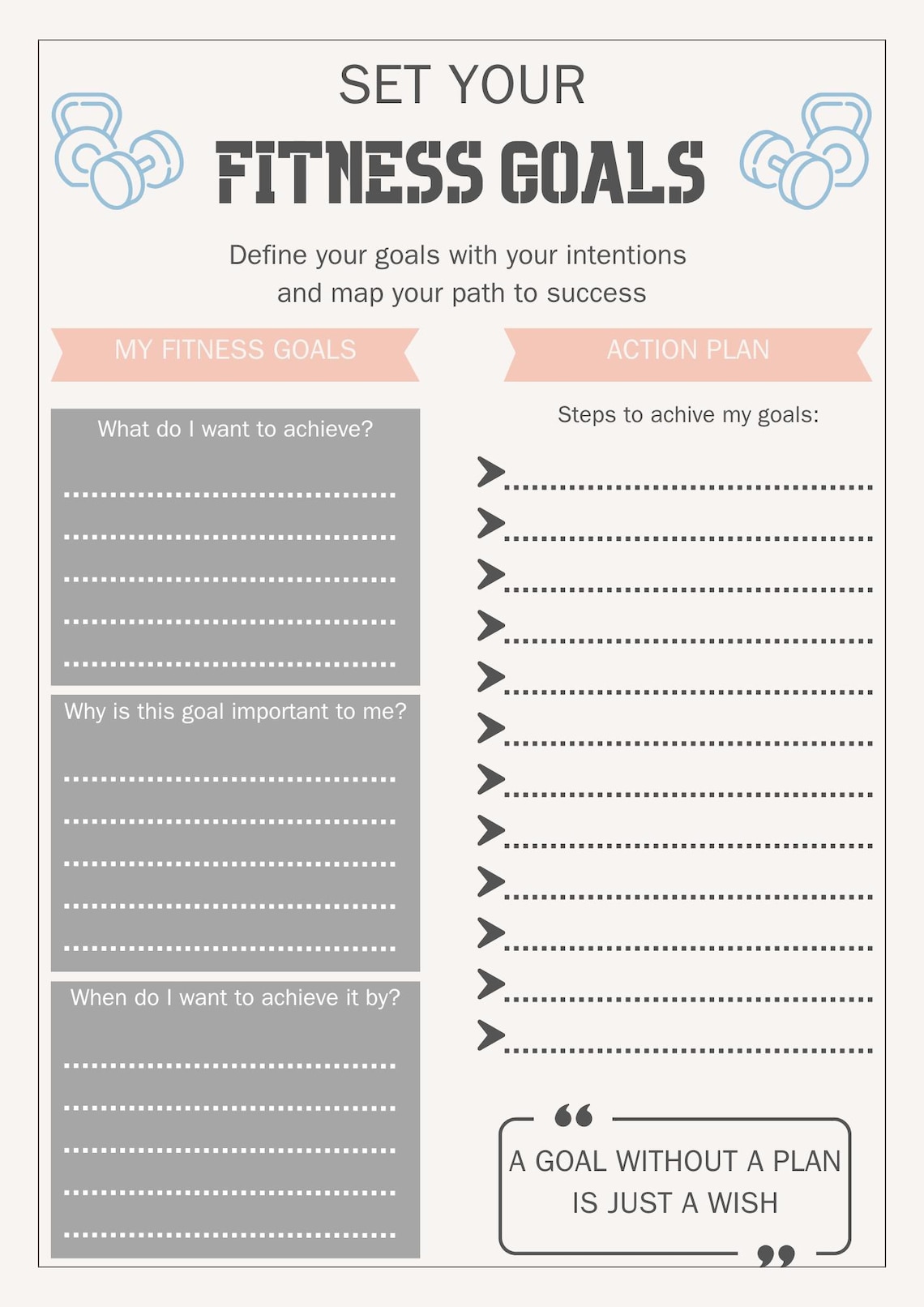 Fitness Goal Tracker PDF Printable Fitness Journal Goal Setting and ...