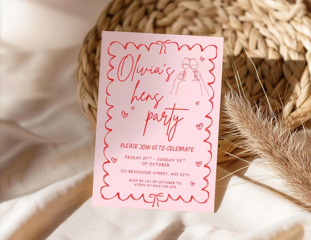 Pink and Red Hens Invitation, Pink Hens Invitation With Bows, Wavy ...