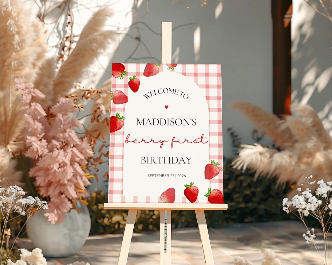 Berry First Birthday Welcome Sign, Pink Gingham, Strawberry Theme ...