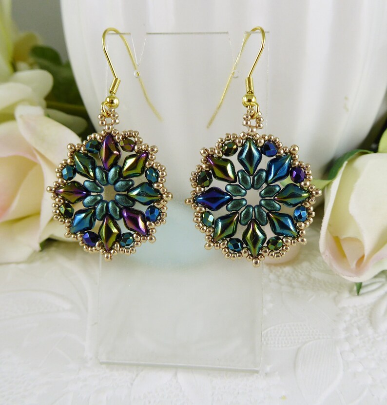 Woven Earrings Jet Green Iris Mandala Gem Duo - Etsy