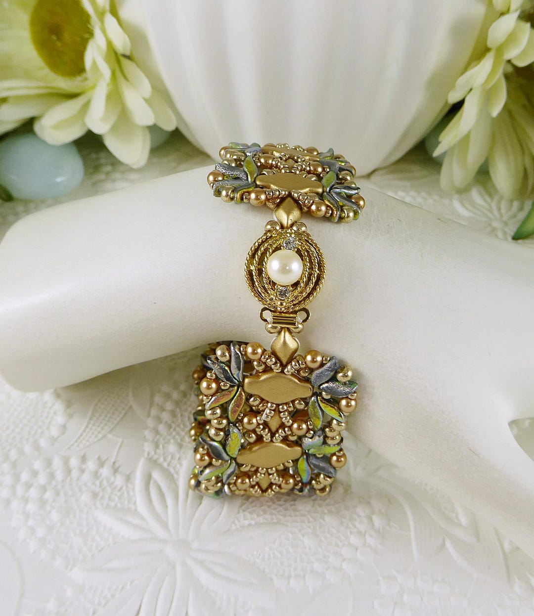 Woven Bracelet Storm Duos in Etched Green and Gold, Special Clasp - Etsy