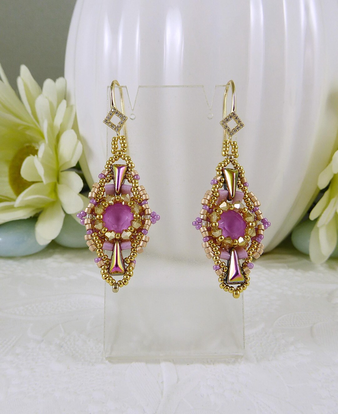 Earrings in Orchid and Gold, Cubic Zirconia Fancy Ear Wires - Etsy