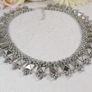 Necklace Woven with Silver Pyramid Beads and Super Duos | Etsy