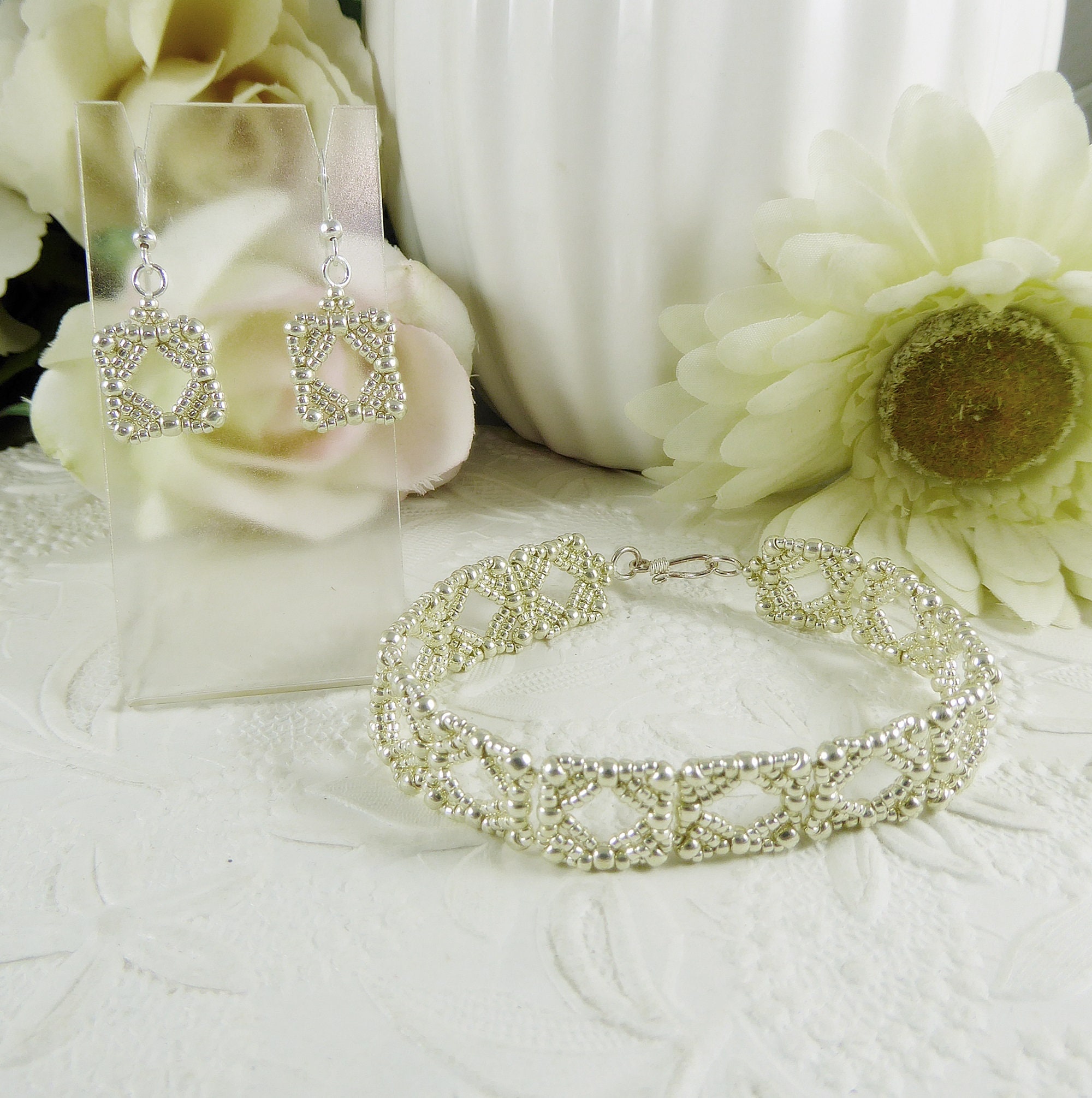 Woven Silver Seed Bead Bracelet and Earrings Set - Etsy