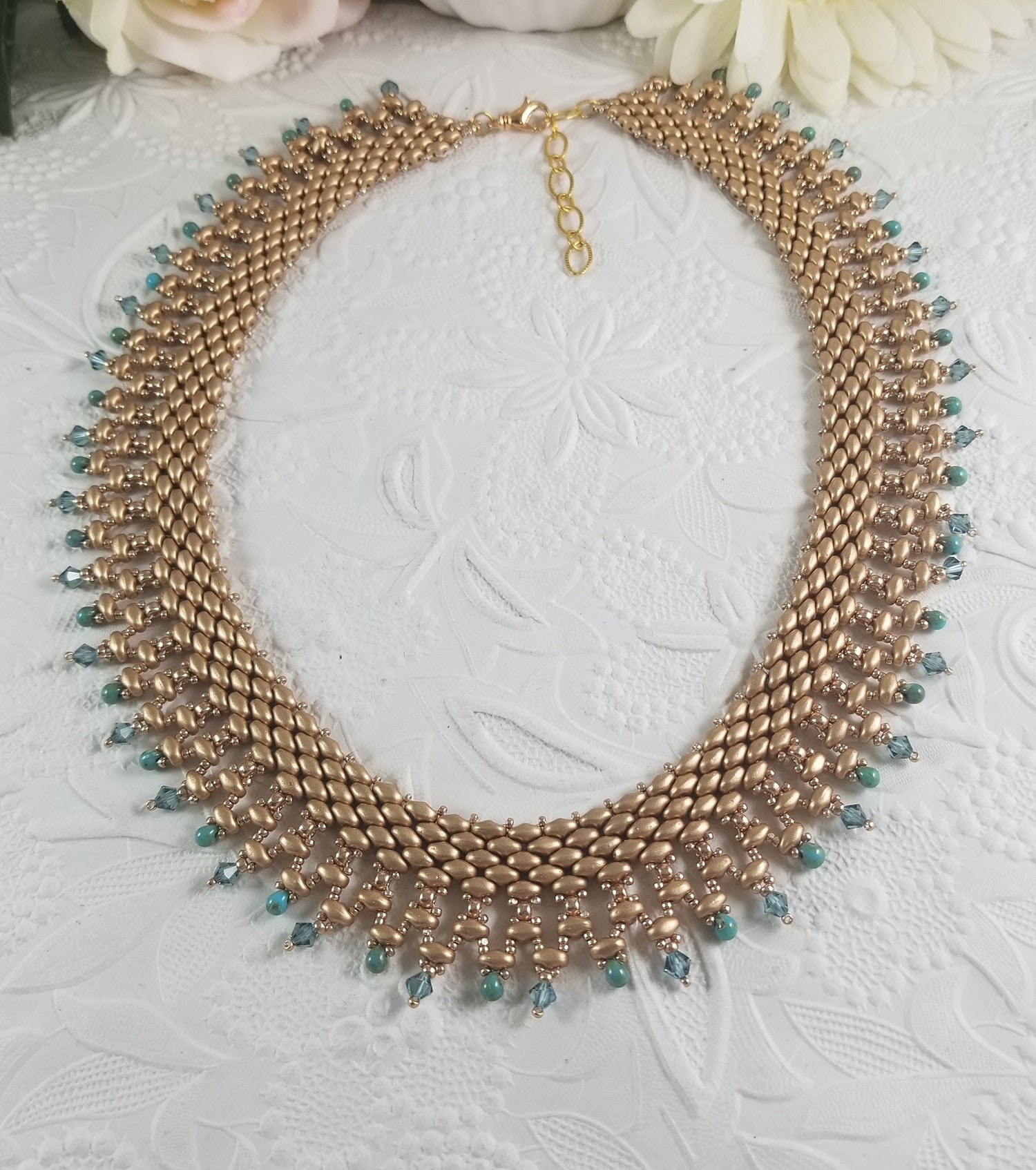 Woven Super Duo Bead Necklace Matte Gold and Turquoise | Etsy