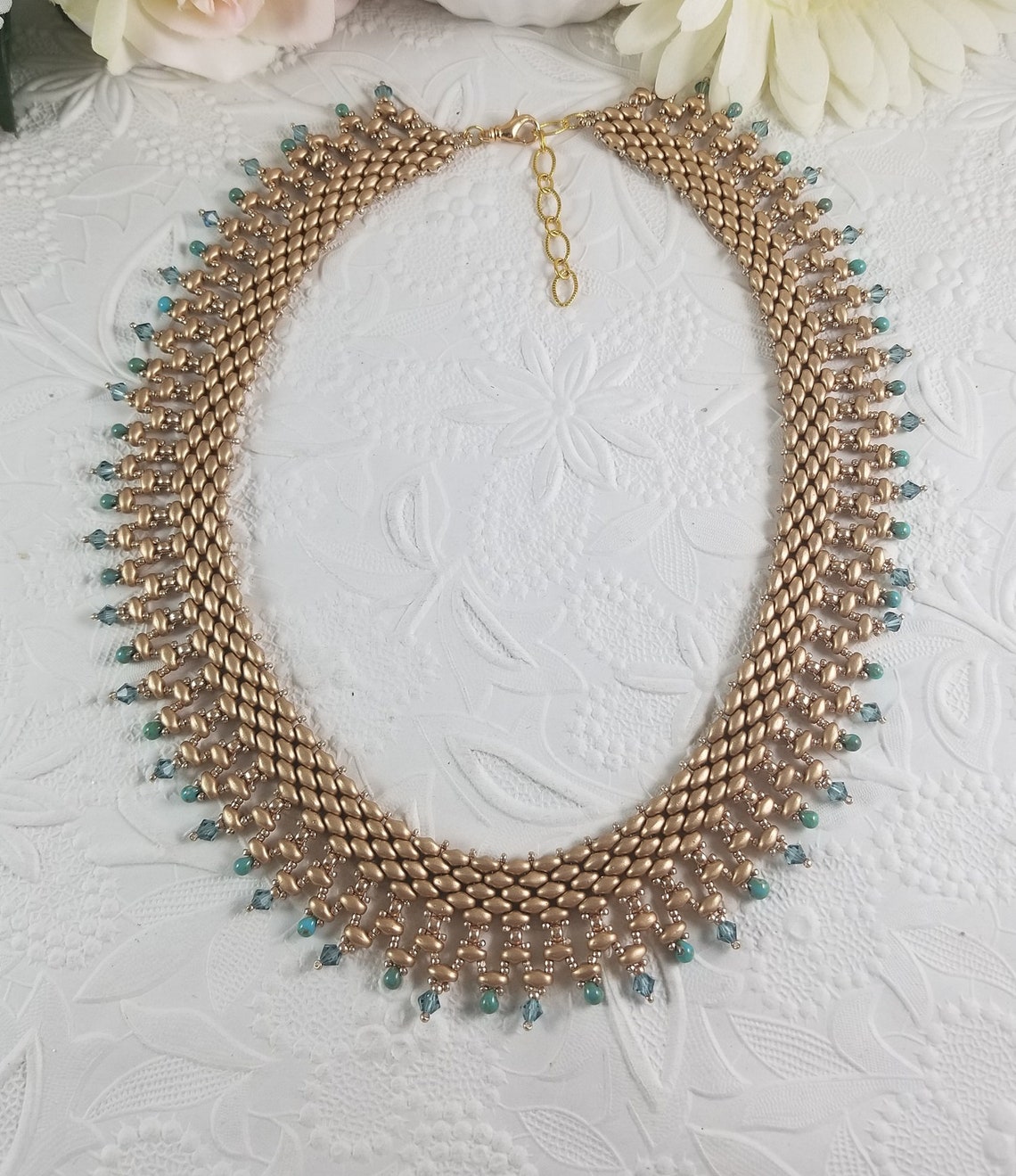 Woven Super Duo Bead Necklace Matte Gold and Turquoise | Etsy