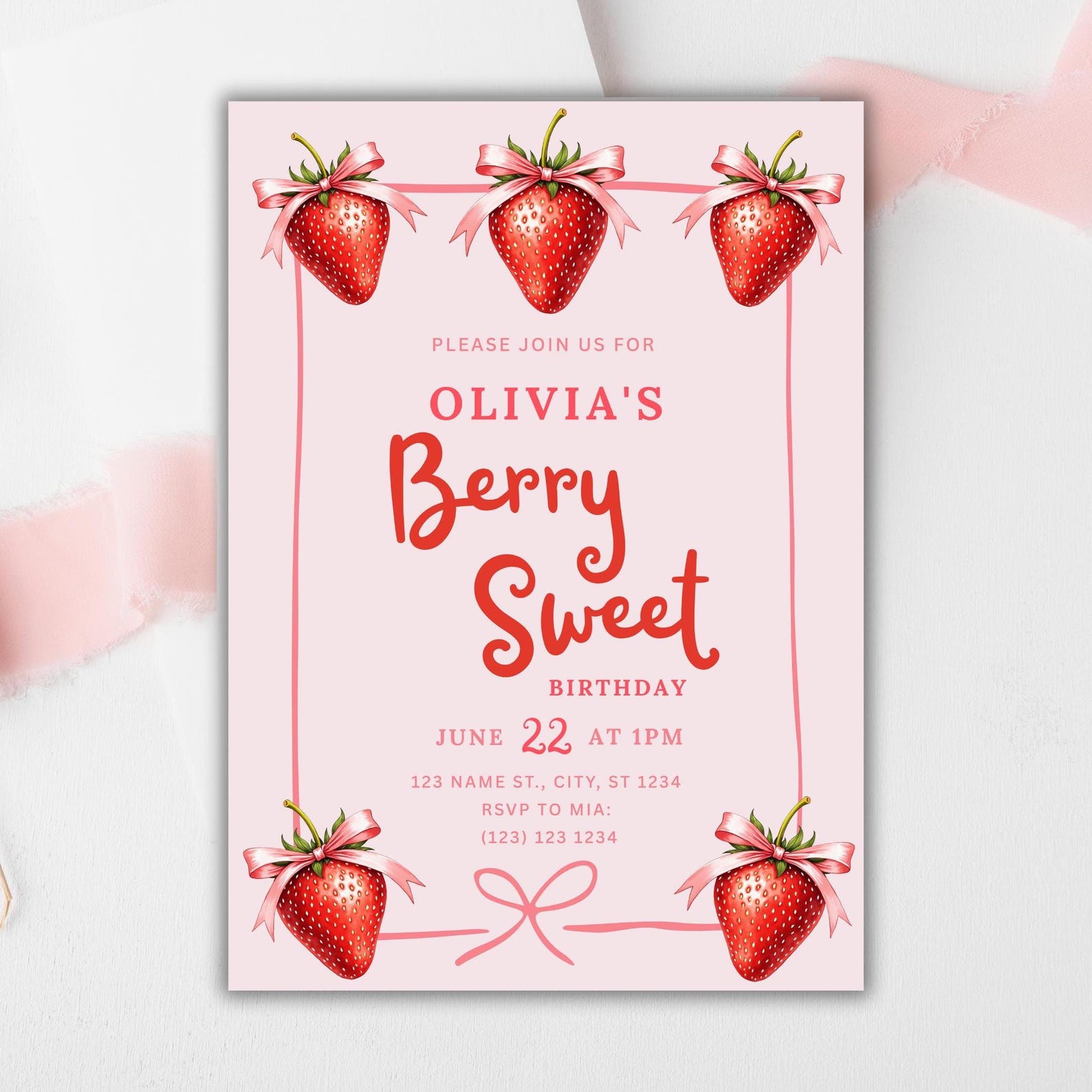 Berry Sweet Birthday Invitation Editable Template | Strawberry Theme ...