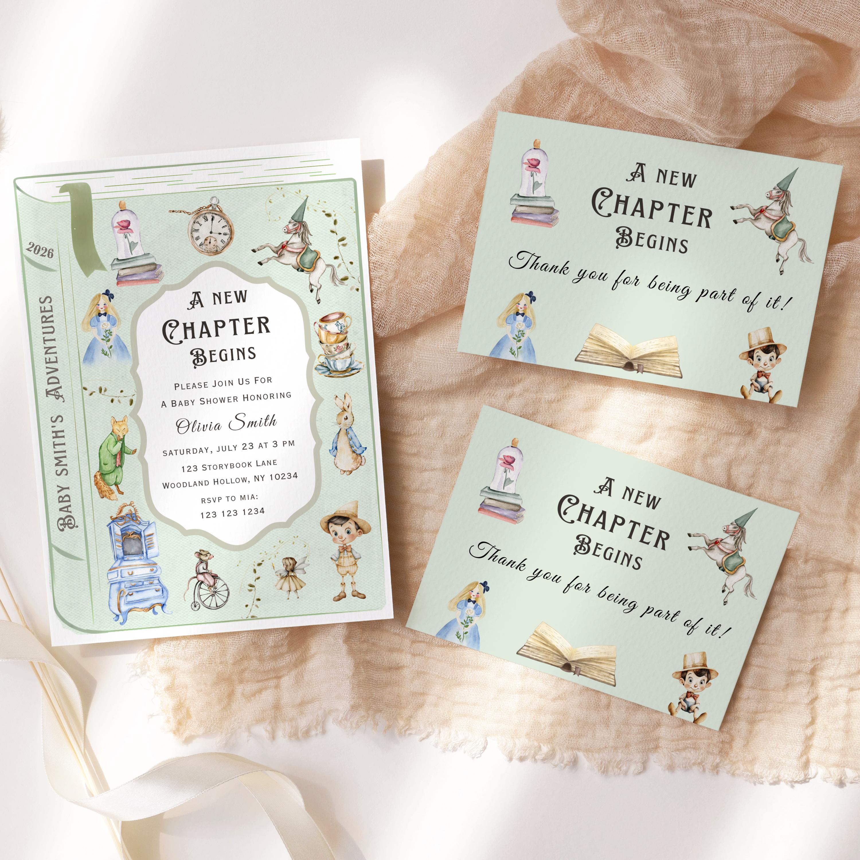 A New Chapter Begins Green Storybook Cover Baby Shower Invitation ...