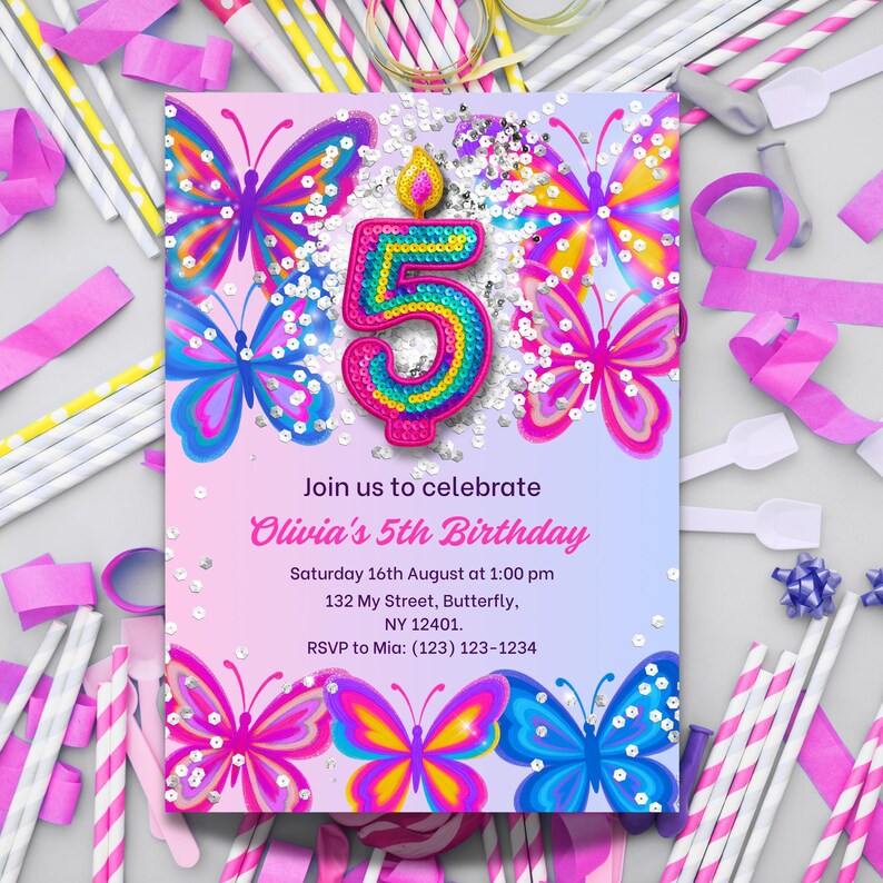 Butterfly 5th Birthday Invitation: Editable Rainbow Design (canva ...