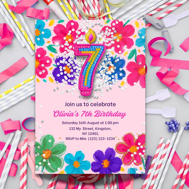 Editable 7th Birthday Invitation for Girls - Rainbow Flower Canva ...
