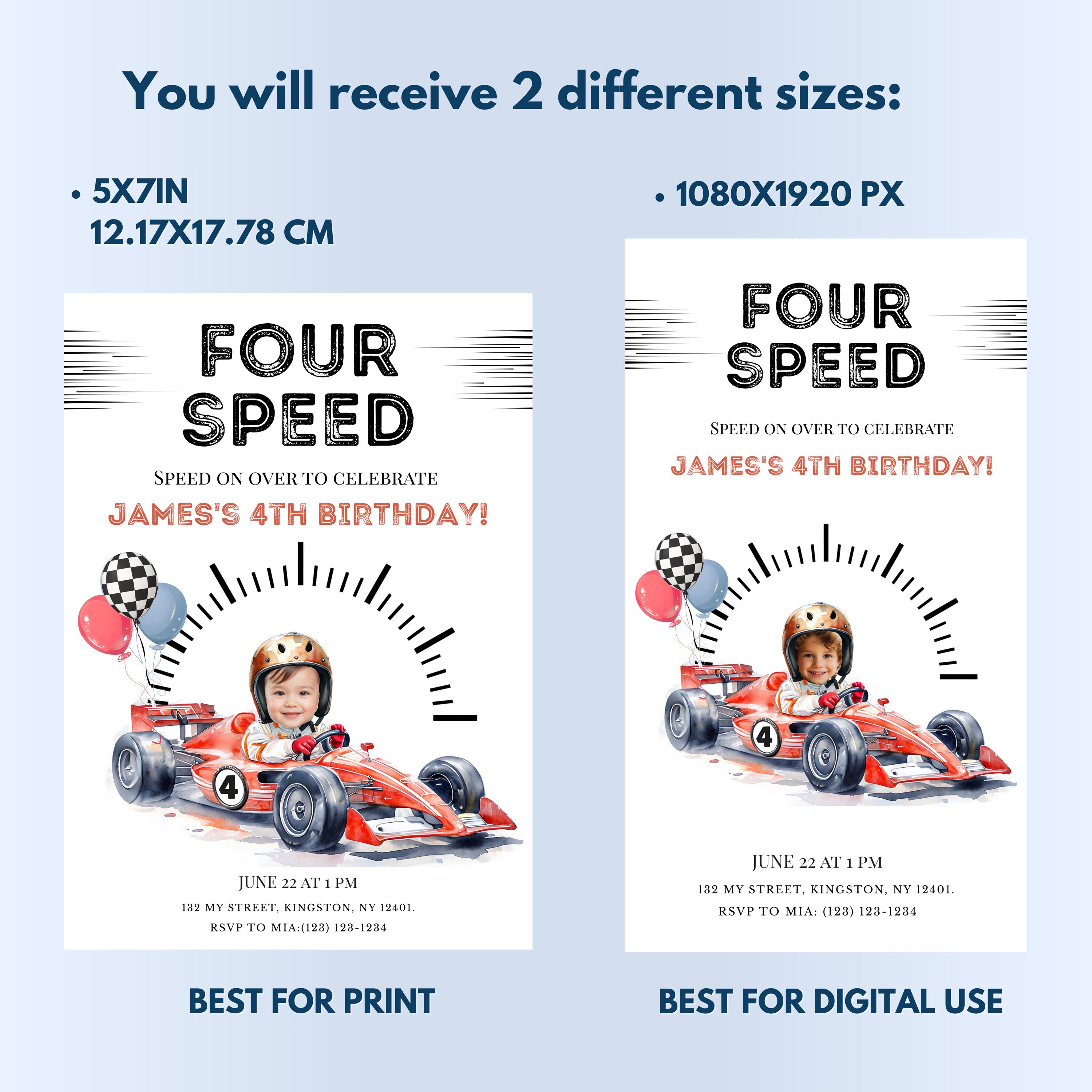 Red Race Car 4th Birthday Invitation – Editable Four Speed Party Invite ...