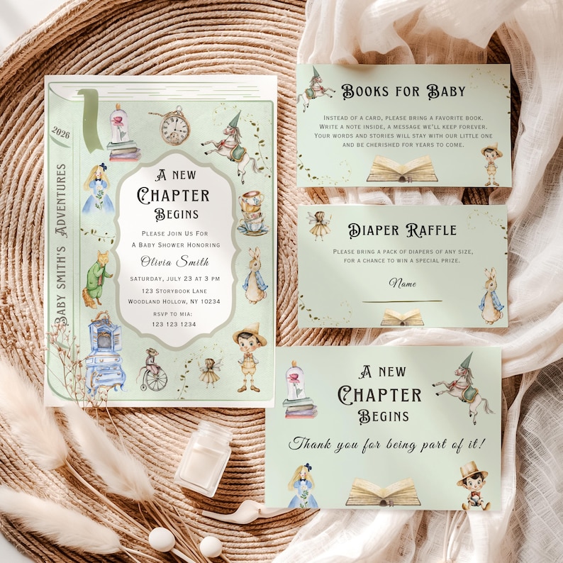 A New Chapter Begins Green Storybook Cover Baby Shower Invitation ...