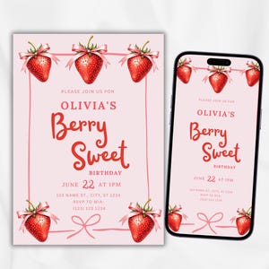 Berry Sweet Birthday Invitation Editable Template | Strawberry Theme ...