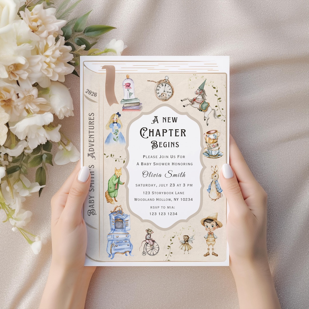 A New Chapter Begins Baby Shower Invitation, Storybook Cover Invite ...