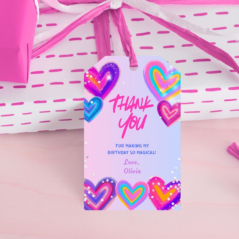Editable Birthday Thank You Tags: Sparkly Hearts Party Favor Tags ...