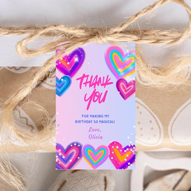 Editable Birthday Thank You Tags: Sparkly Hearts Party Favor Tags ...