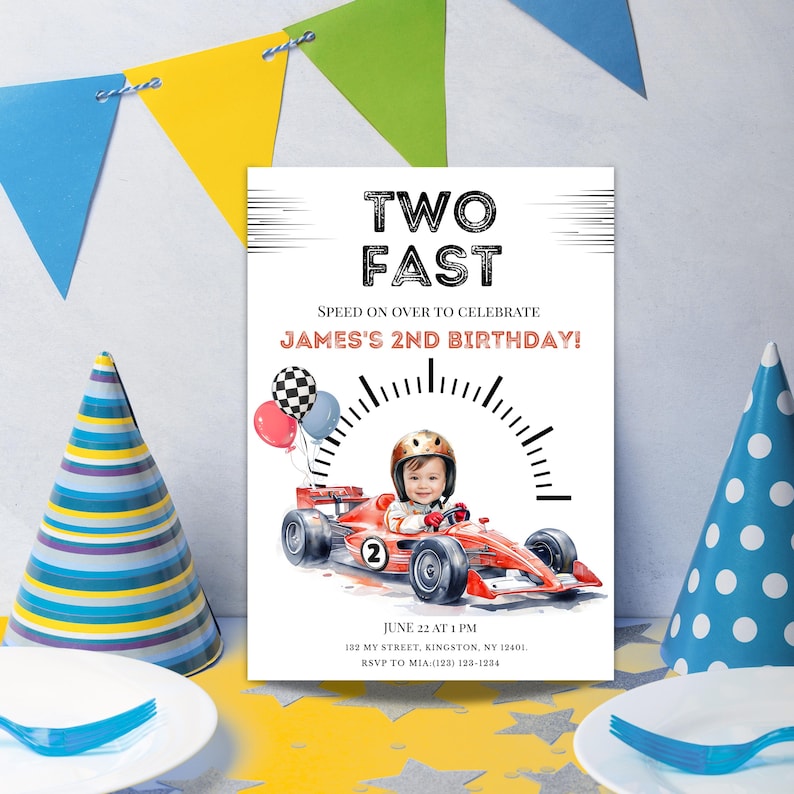 Two Fast Birthday Invitation, Red Race Car Theme, 2nd Birthday Invite ...