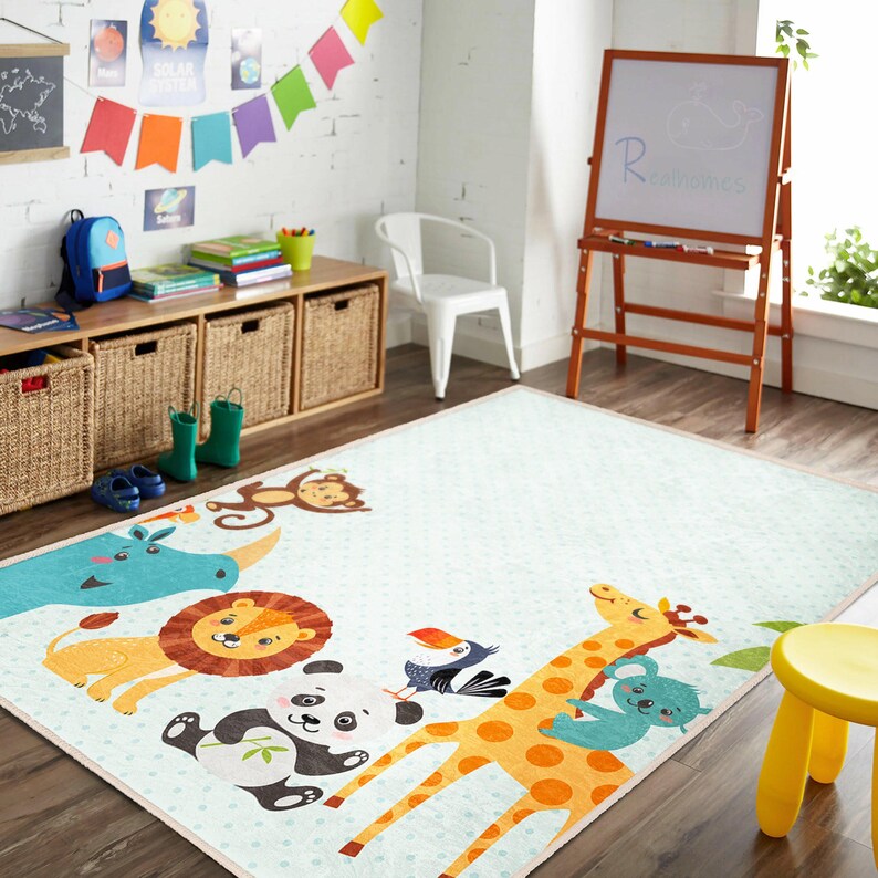 Kids Safari Rug With Lion, Monkey & Giraffe - Soft Nursery Carpet, Cozy ...