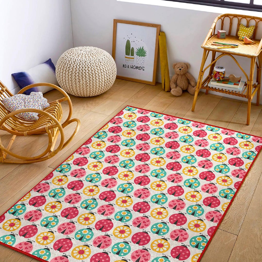 Colorful Ladybug Rectangle Carpet|cute Playroom Area Rug|kid's Insect ...