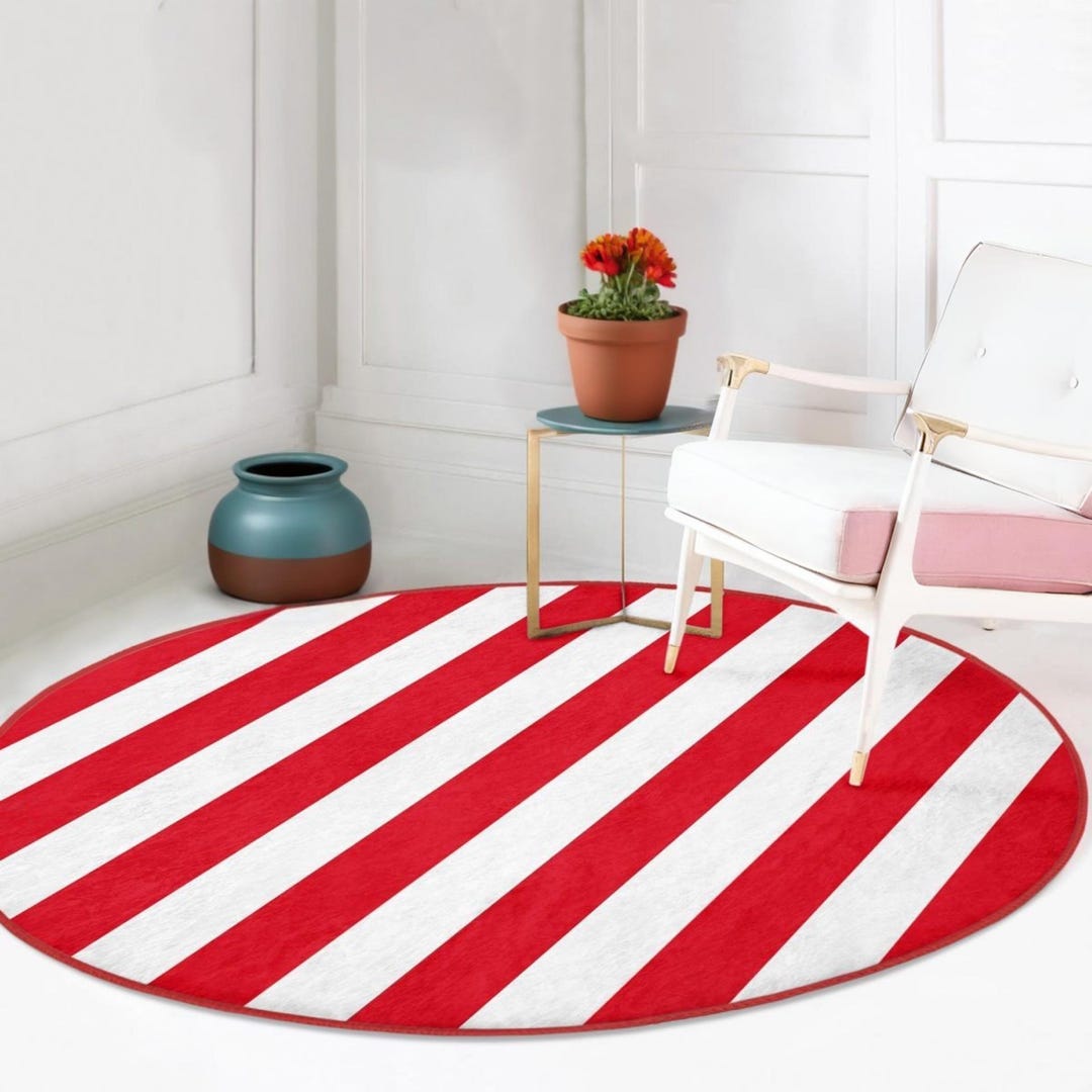 Red White Striped Round Rug, Modern Circus Carpet, Geometric Circle ...