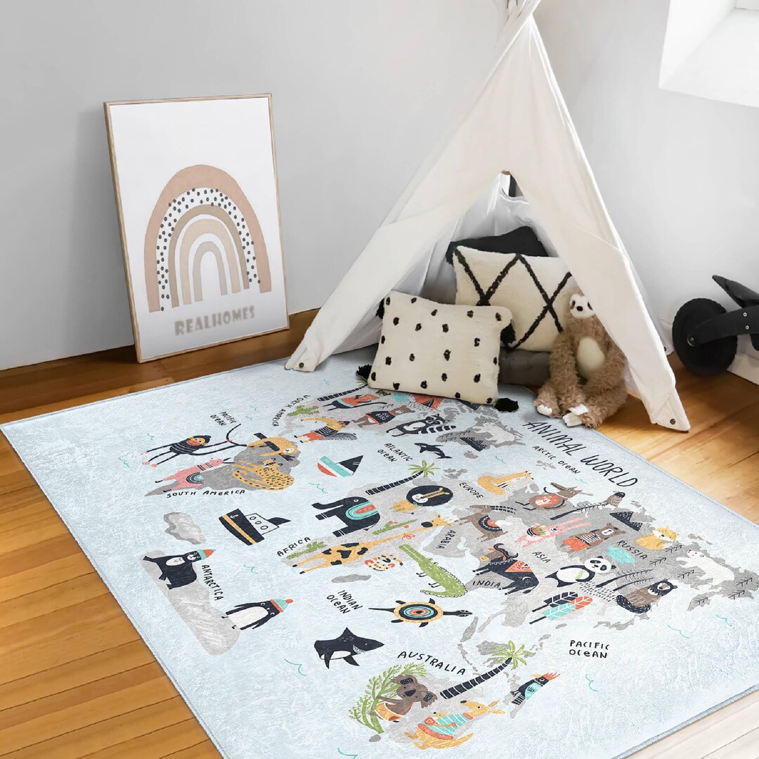 Animal World Map Rug|nursery Animals Carpet|colorful Playground Carpets ...