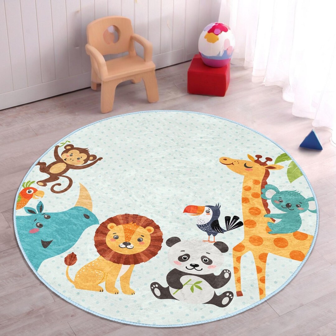 Safari Animal Kids Rug: Round Jungle Nursery Playroom Carpet - Etsy