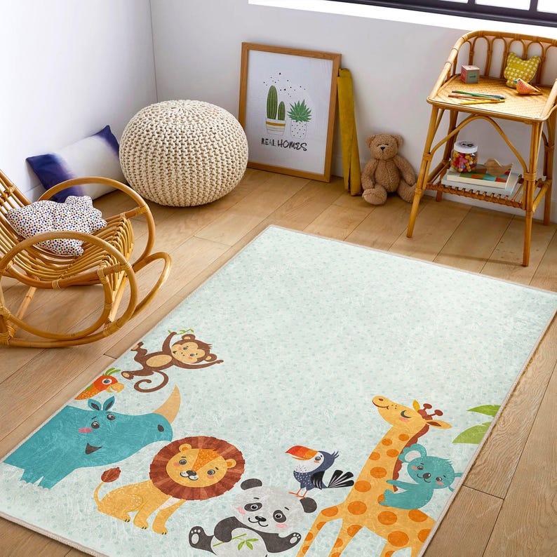 Kids Safari Rug With Lion, Monkey & Giraffe - Soft Nursery Carpet, Cozy ...