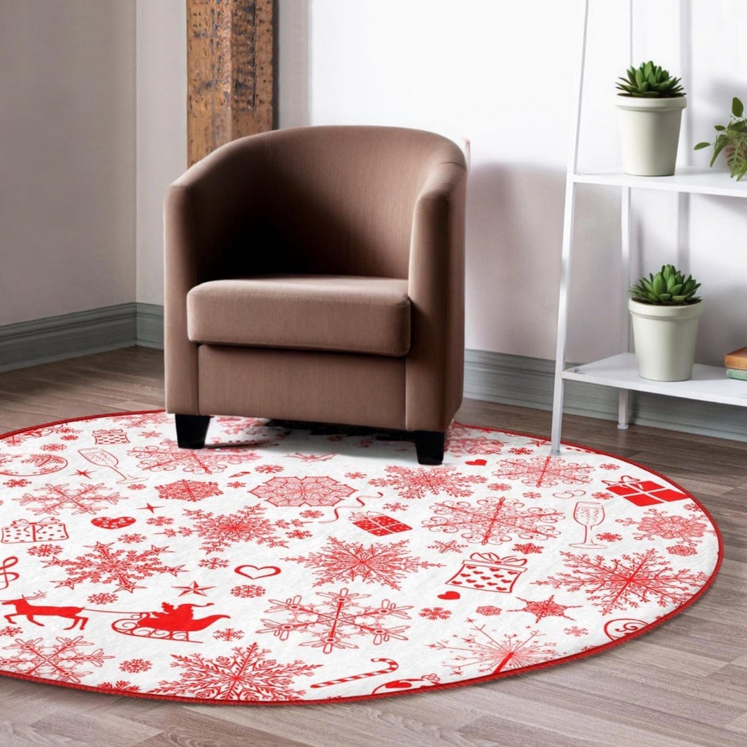 Washable Round Christmas Rug | Non-slip Snowflake Area Carpet | Xmas ...