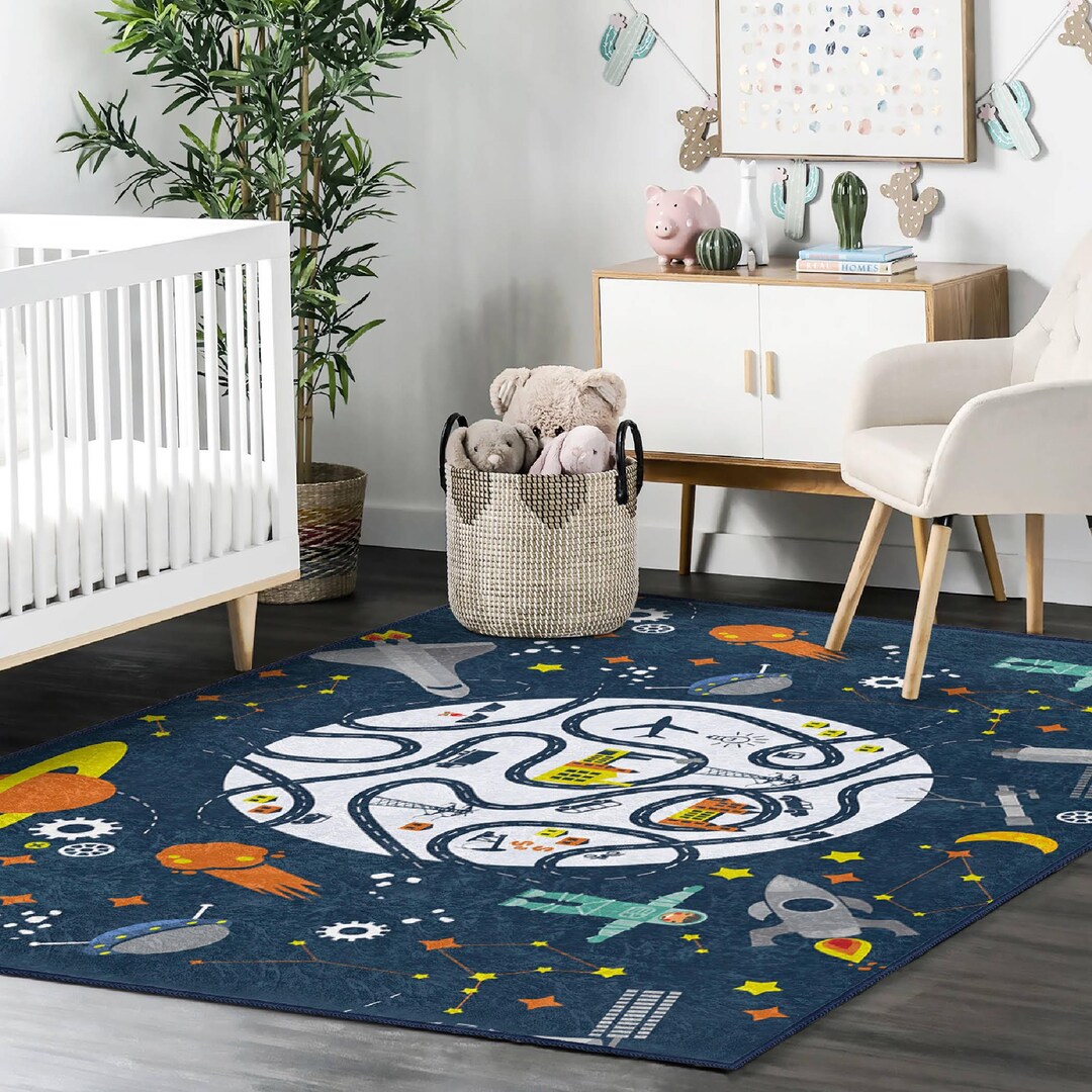 Space Adventure Area Rug|planet Playroom Carpet|rocket Motif Kid's ...