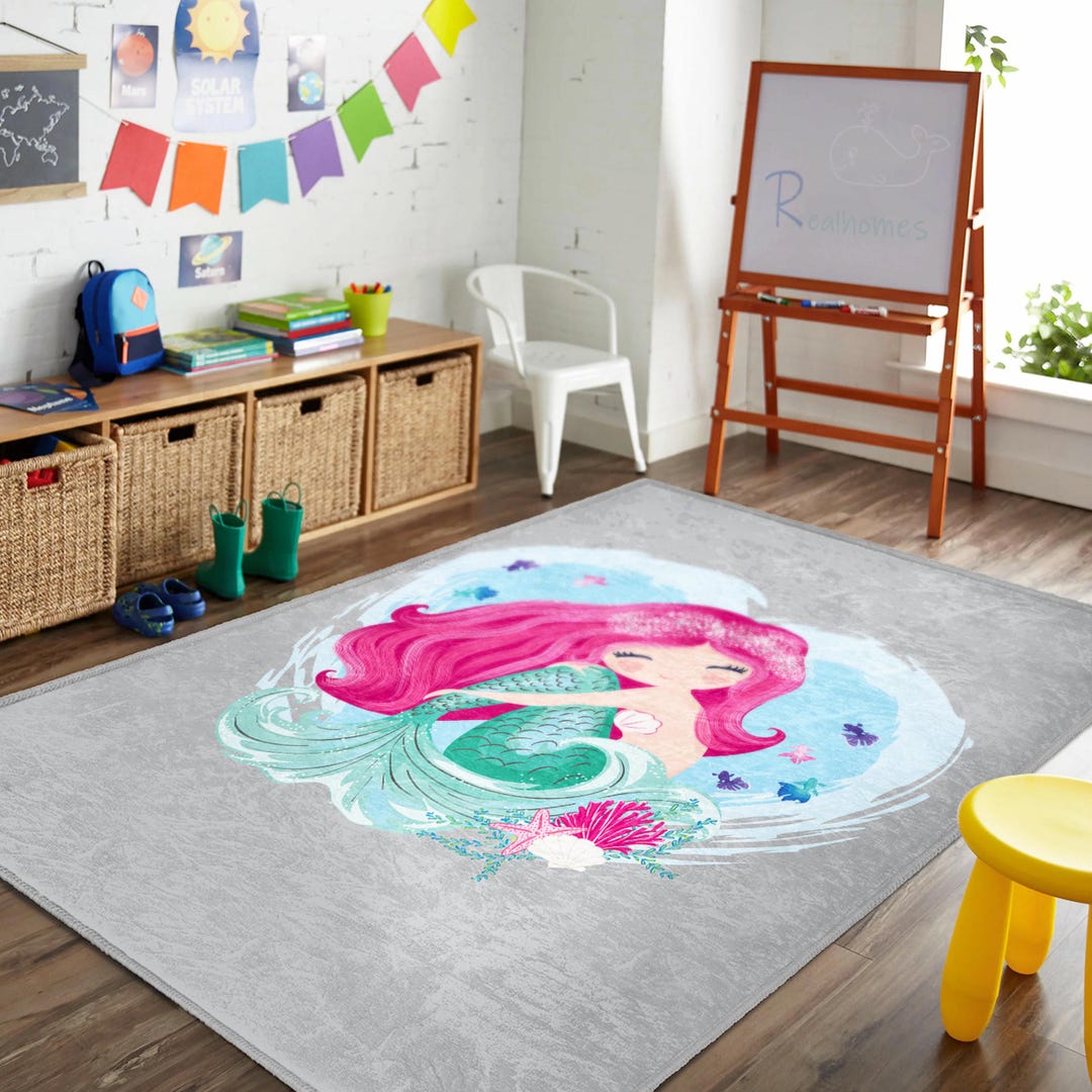 Mermaid Rug, Gray Carpet, Girls Room, Sea Princess, Soft Nursery Mat ...