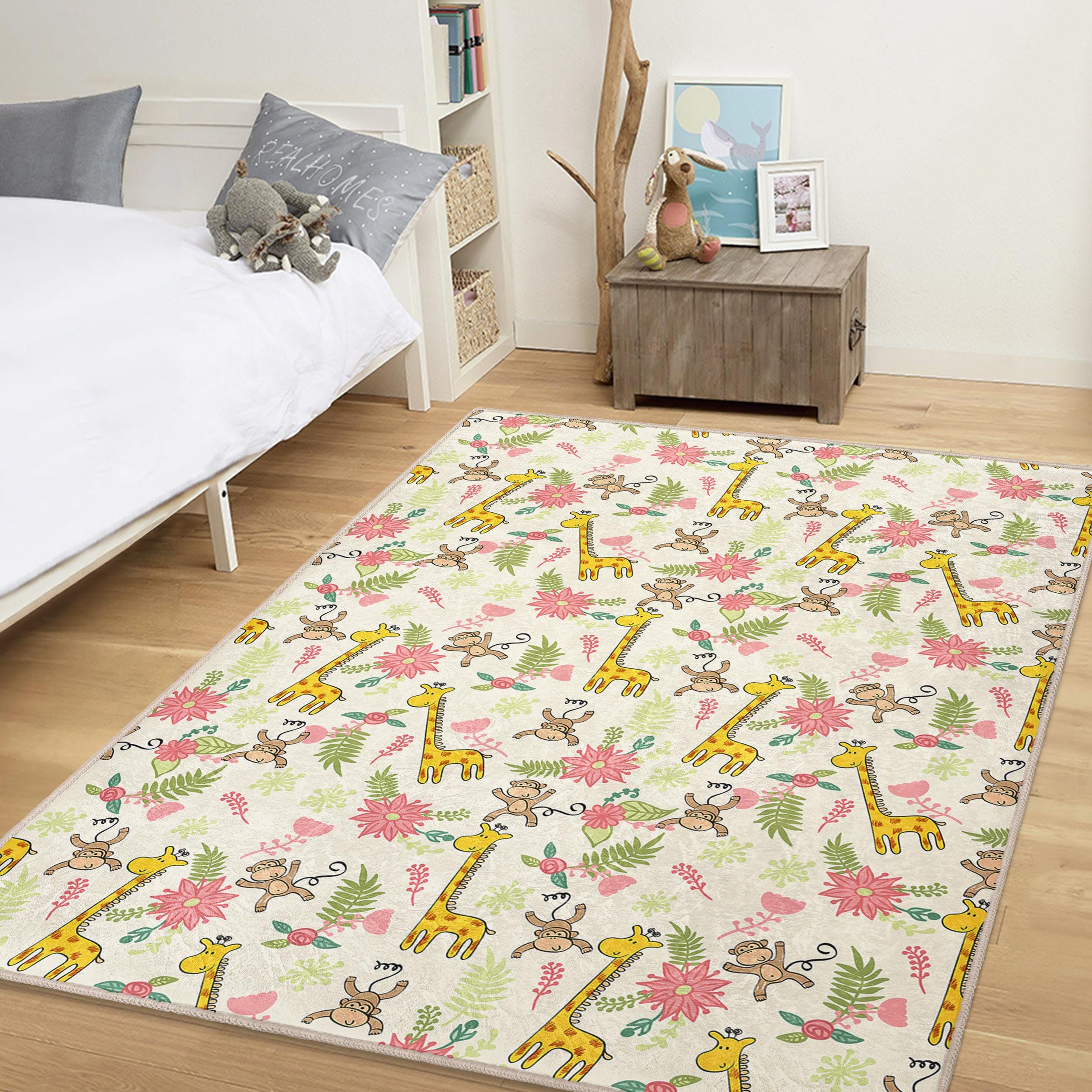 Jungle Animal Kids Rug – Giraffe, Monkey - Flowers | Soft Playroom ...