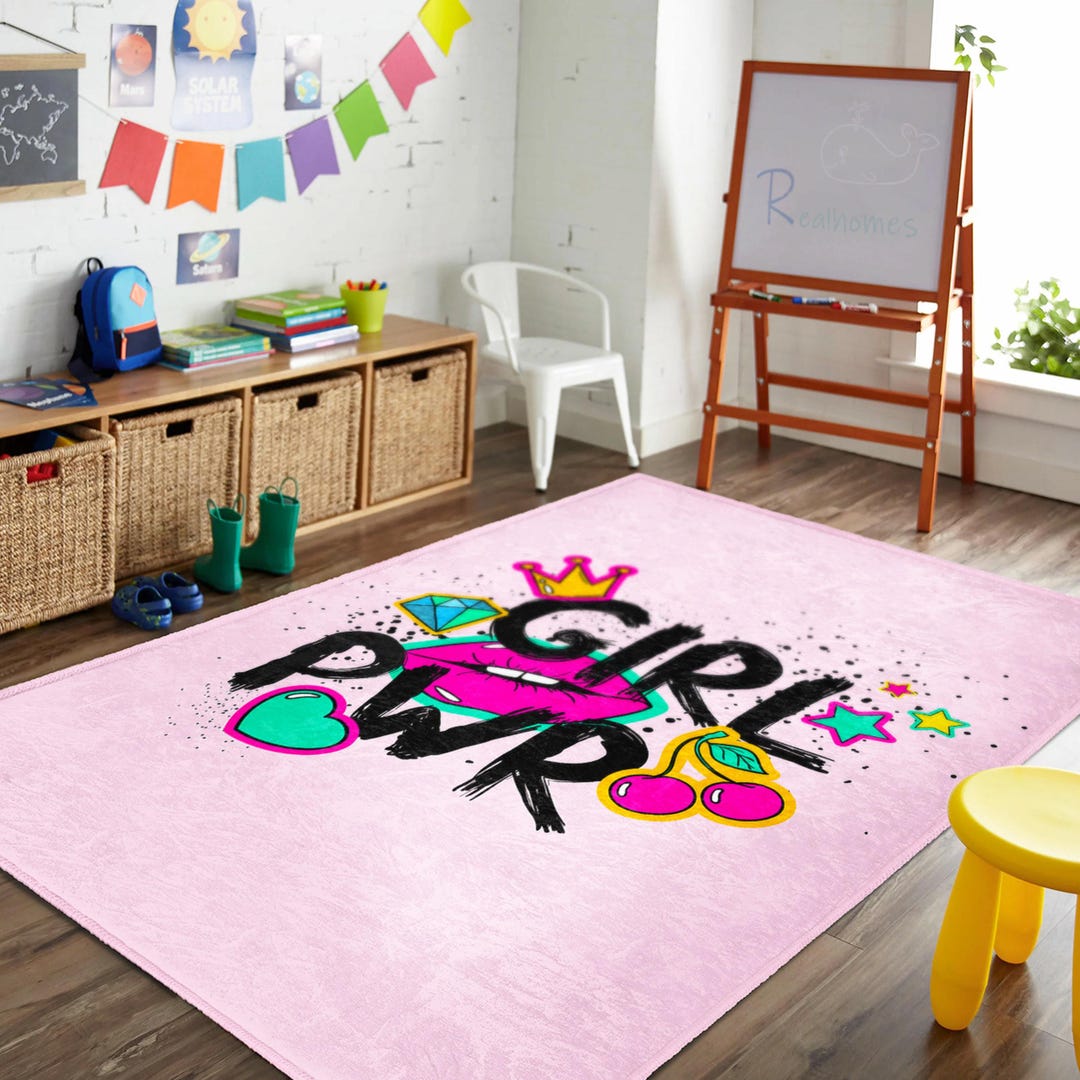 Girl Power Rug - Pink Pop Art Carpet for Teen Girls Room, Soft Modern ...