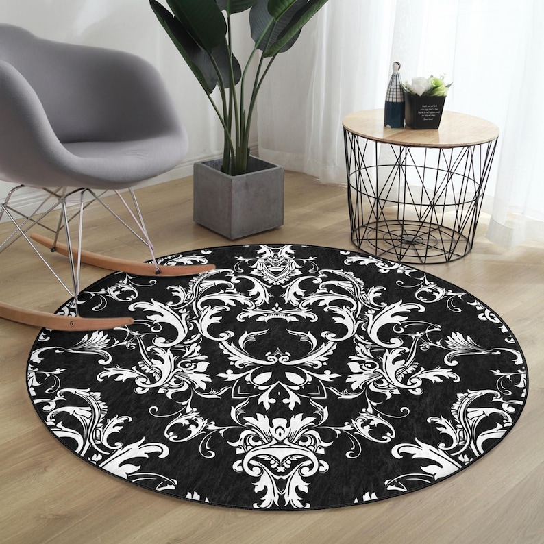 Black and White Baroque Round Rug: Elegant Floral Area Carpet - Etsy