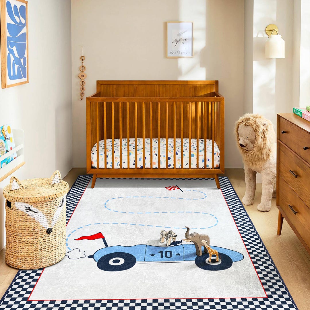 Race Car Area Rug: Checkered Border, Kid's Room Carpet - Etsy