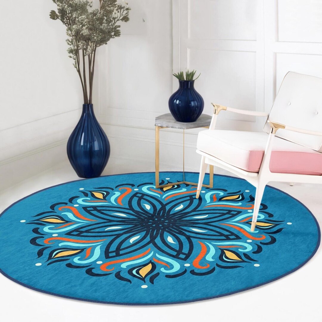 Blue Mandala Rug: Round Bohemian Non-slip Floor Mat - Etsy
