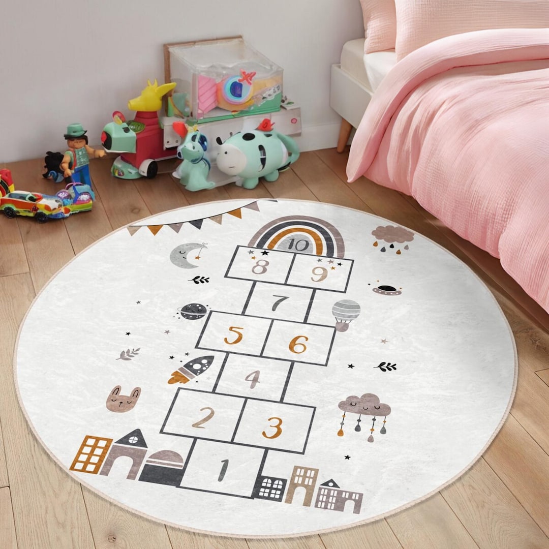 Hopscotch Game Round Rug|kid's Activity Carpet|best Playroom Non-slip ...