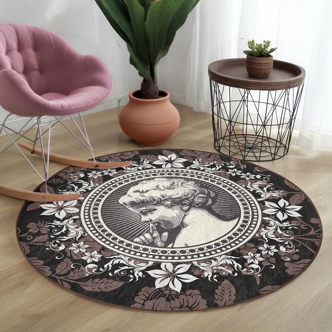 Vintage Statue Round Rug: Black Floral Roman Bust Carpet - Etsy