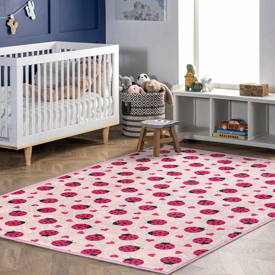 Ladybug Nursery Rug - Cute Baby Carpet With Red Bugs - Hearts | Soft ...