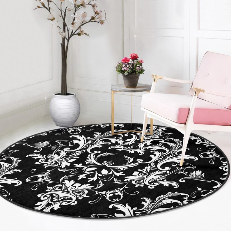 Black and White Baroque Round Rug: Elegant Floral Area Carpet - Etsy