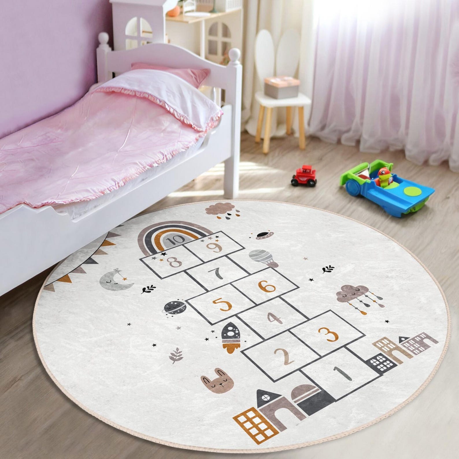 Hopscotch Game Round Rug|kid's Activity Carpet|best Playroom Non-slip ...