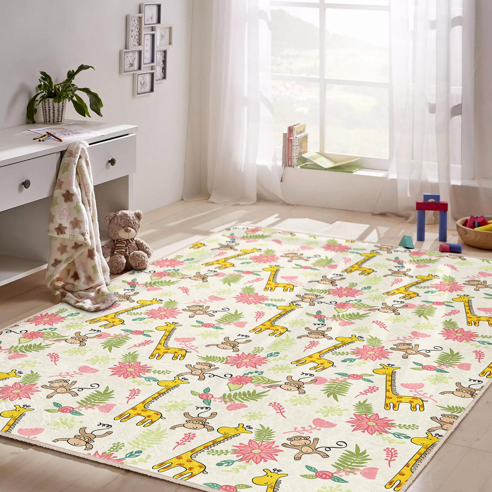 Jungle Animal Kids Rug – Giraffe, Monkey - Flowers | Soft Playroom ...