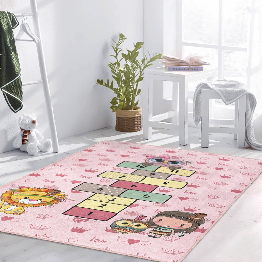 Pink Hopscotch Area Rug: Girl's Room Play Mat, Animals Preschool Carpet ...